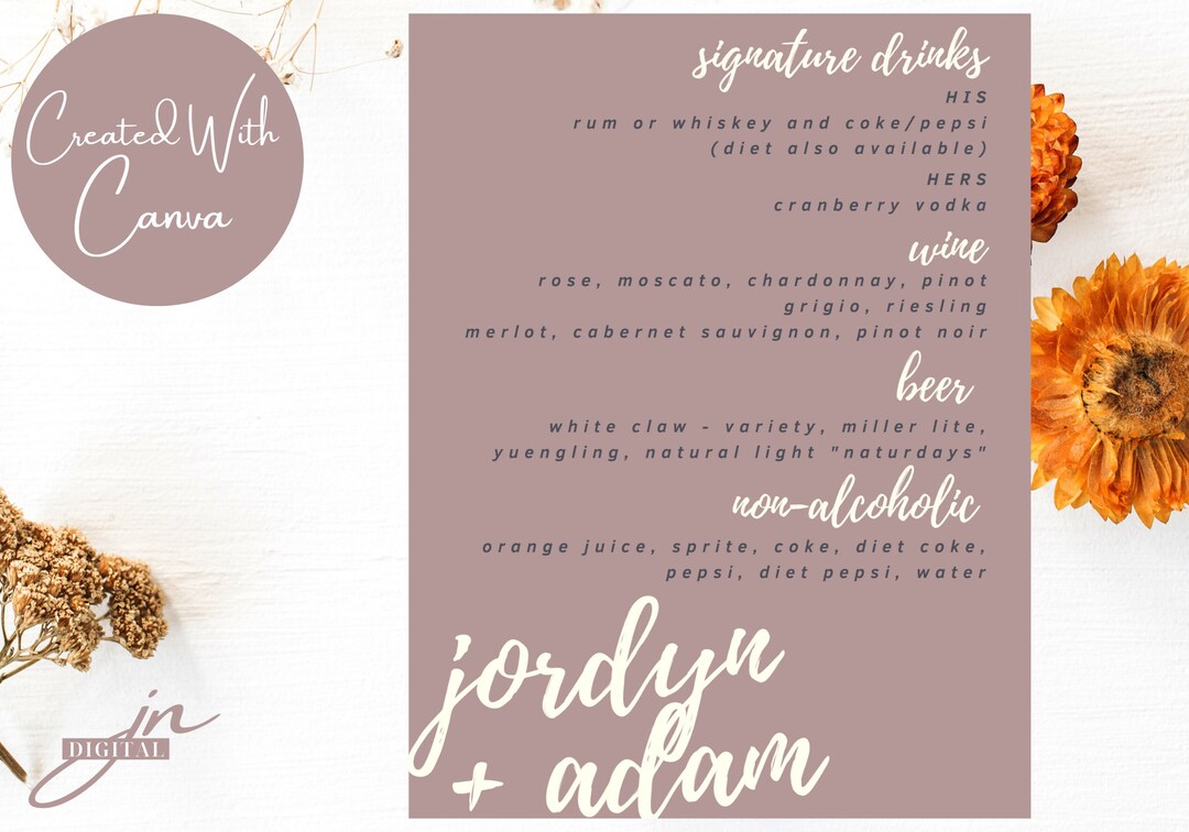 Modern Wedding Drink List Sign, Digital File, Editable and Customizable ...