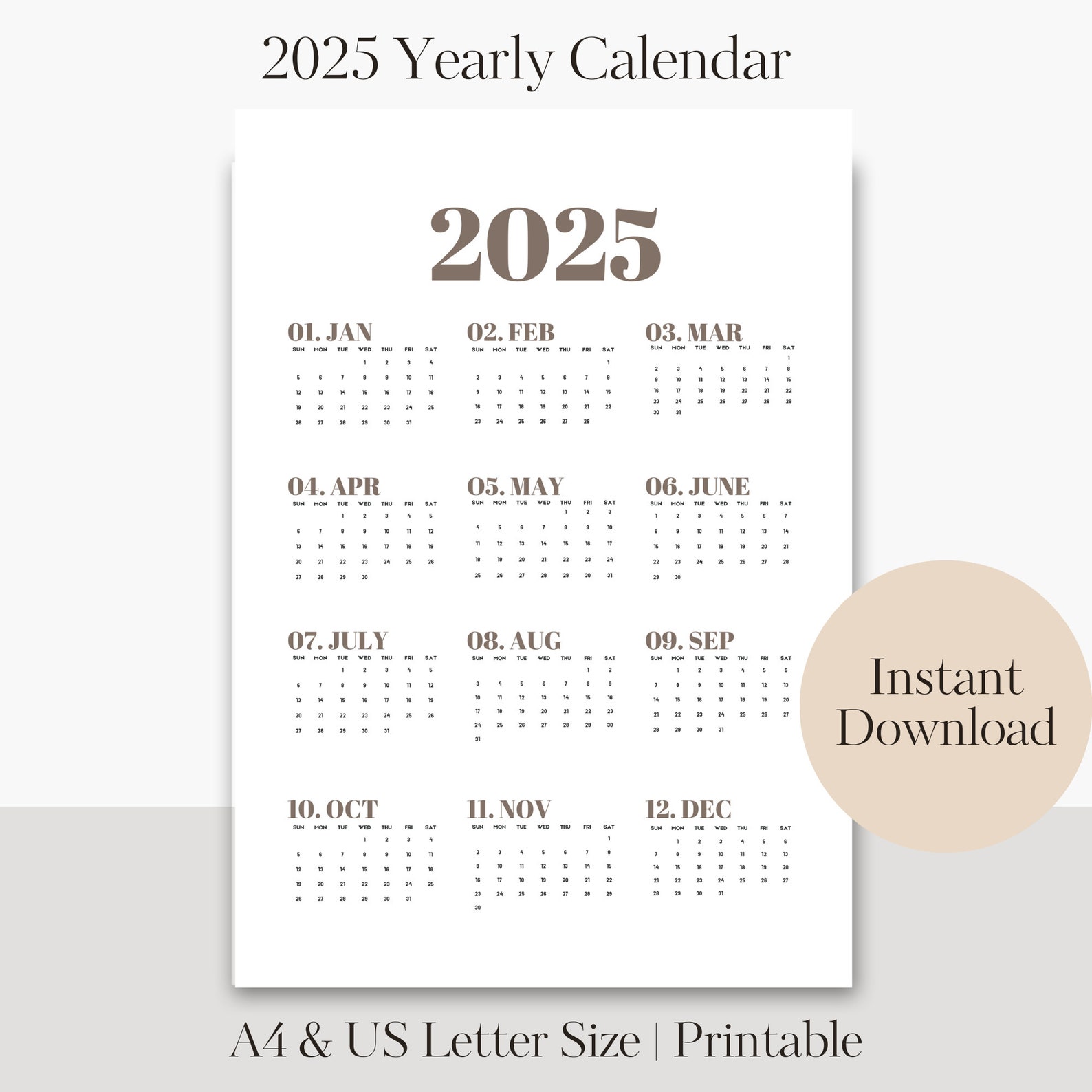 2025 Yearly Calendar Printable A4 and US Letter Size, Desk Calendar ...