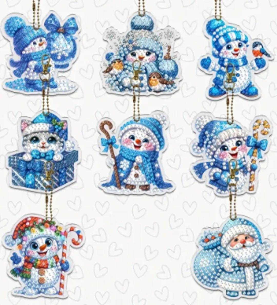 8 Pcs Diamond Art Christmas Snowman Cat Santa Ornament Kit Keychain Set ...