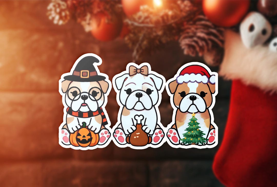 Holiday English Bulldog Trio Sticker: Halloween, Thanksgiving ...