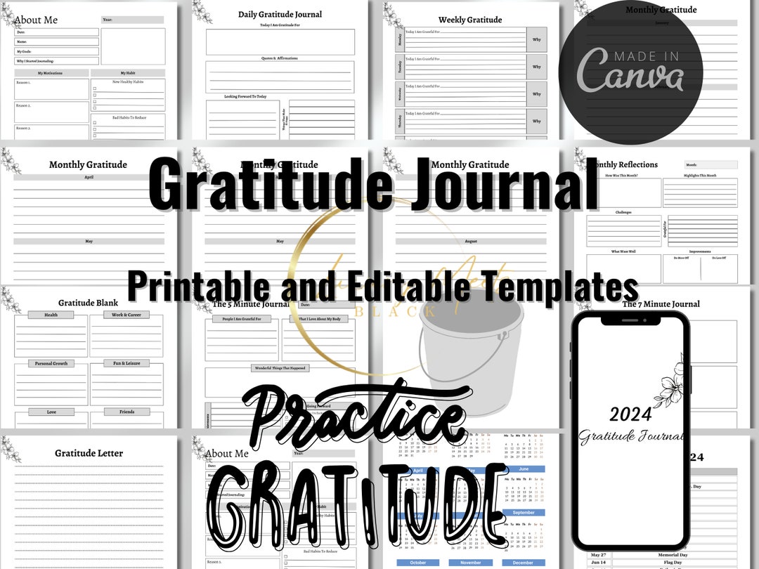Gratitude Journal, Printable and Editable Templates, Digital ...
