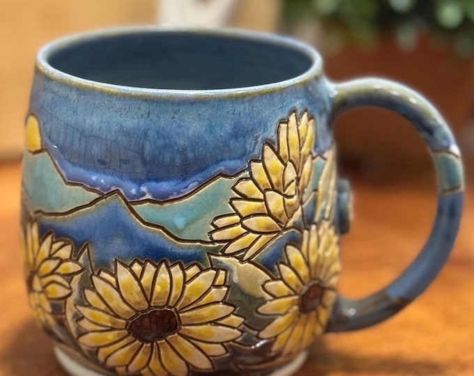Handmade Ceramic Sunflower Flowers Floral Handle Mug Coffee Cup Pottery ...