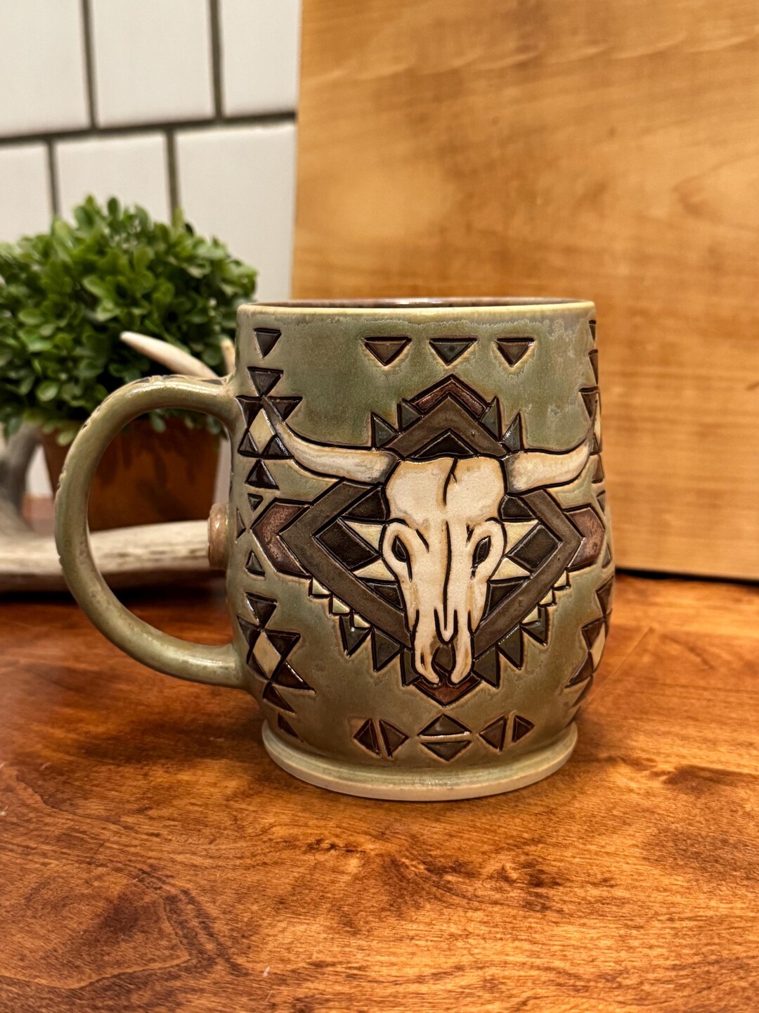 Handmade Ceramic Western Bull Skull Horns Pattern Gift Coffee Cup ...