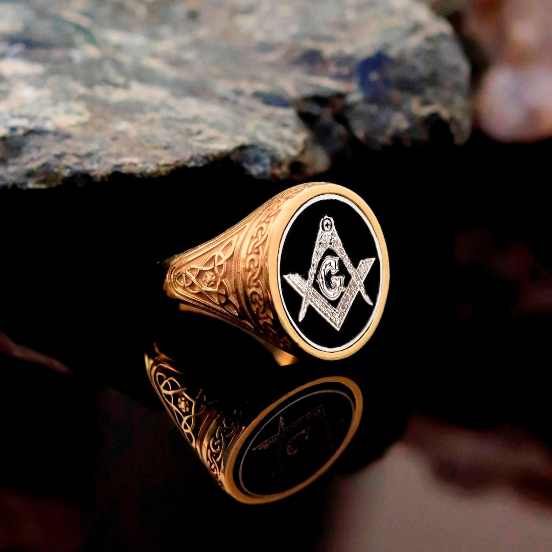 Sterling Silver 14 K Gold Plated Men Mason Ring , Freemason Master ...