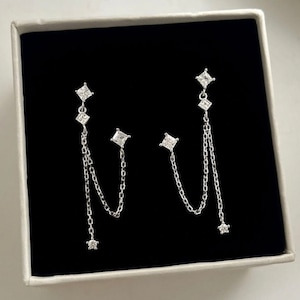 S925 Double Piercing Earrings Sterling Silver Sparkling Chain Drop Earrings, 18k Gold Plated - Etsy