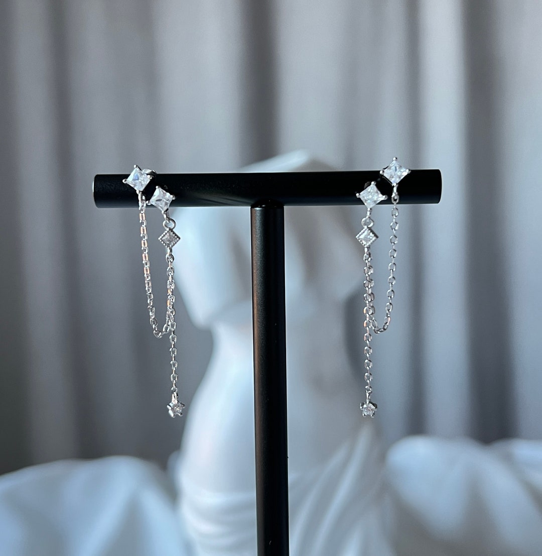 S925 Double Piercing Earrings Sterling Silver Sparkling Chain Drop Earrings, 18k Gold Plated - Etsy