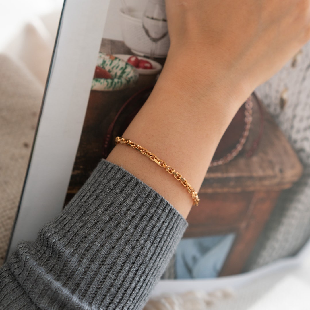 14k Solid Gold Square Rolo Bracelet, Thin Dainty Gold Chain, Minimal ...