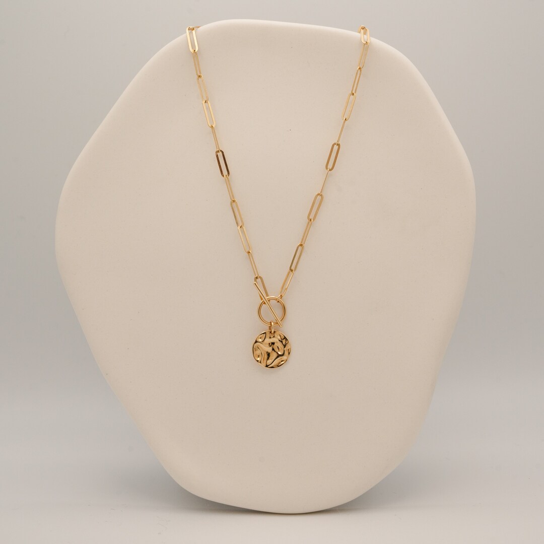 14k Solid Gold Paperclip Pendant Necklace, Statement Toggle Clasp ...