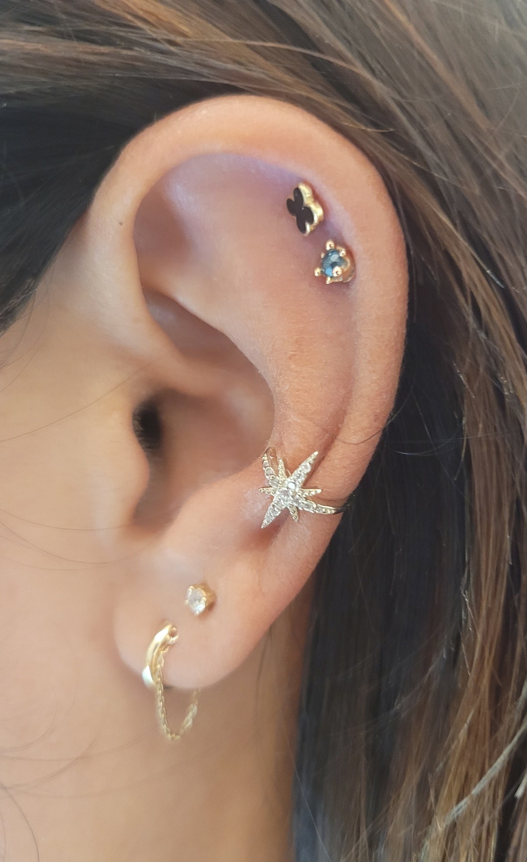 14k Solid Gold Star Ear Cuff With CZ Stones No Piercing, North Star Ear ...