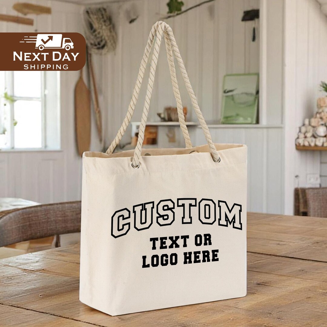 Personalized Beach Tote Bag: Custom Logo Text, Rope Handles, Custom ...
