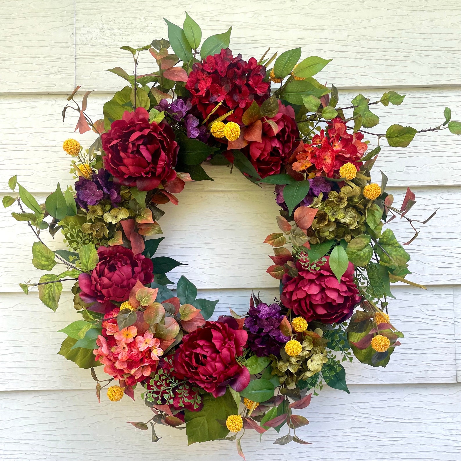 Handcrafted Fall Floral Wreath-burgundy Peonies, Hydrangeas and Autumn ...