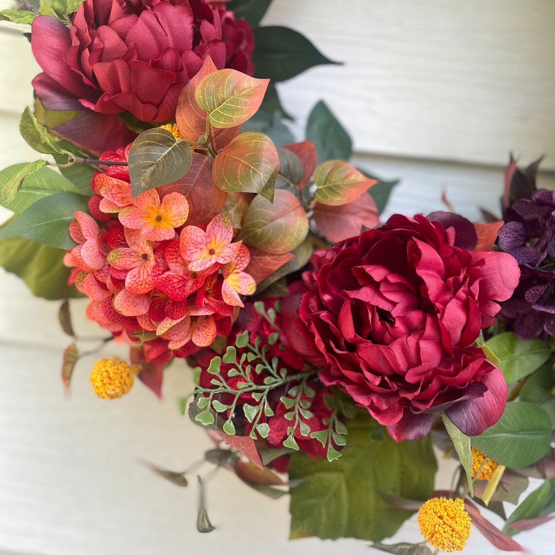 Handcrafted Fall Floral Wreath-burgundy Peonies, Hydrangeas and Autumn ...