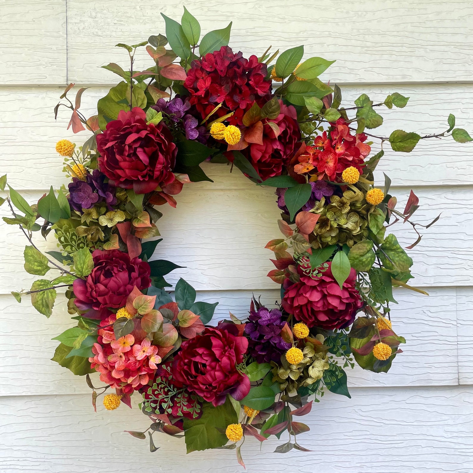 Handcrafted Fall Floral Wreath-burgundy Peonies, Hydrangeas and Autumn ...