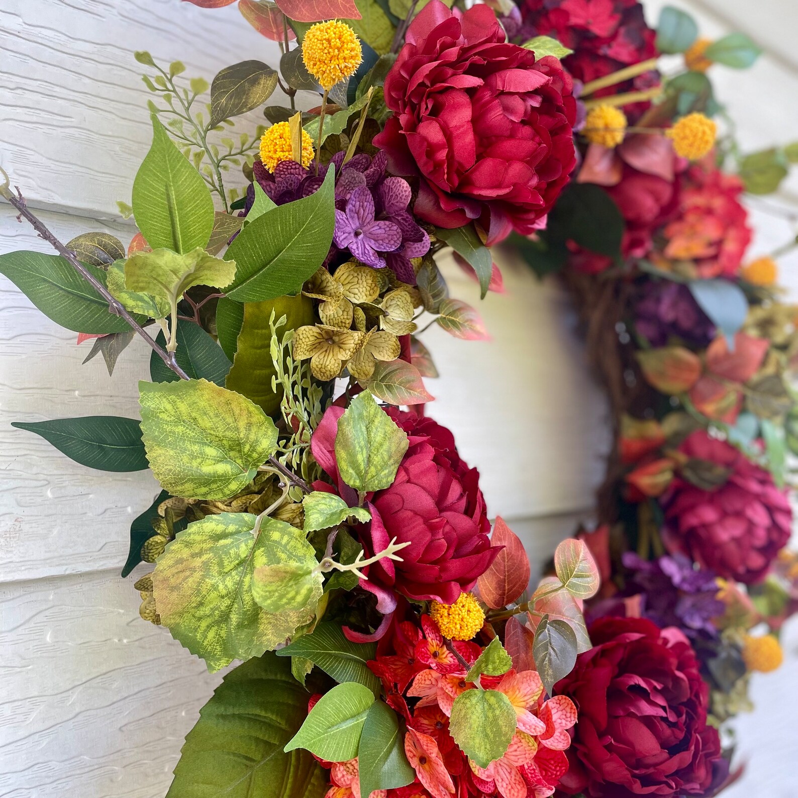 Handcrafted Fall Floral Wreath-burgundy Peonies, Hydrangeas and Autumn ...