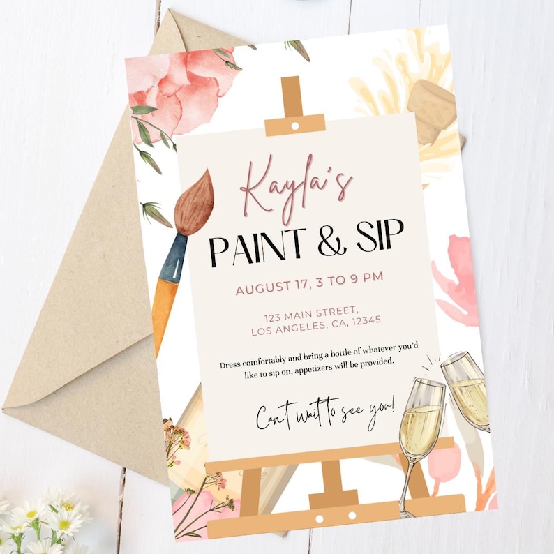 Sip and Paint Invitation Template, Girls Brunch Invitation, Sip and Paint, Paint and Sip ...