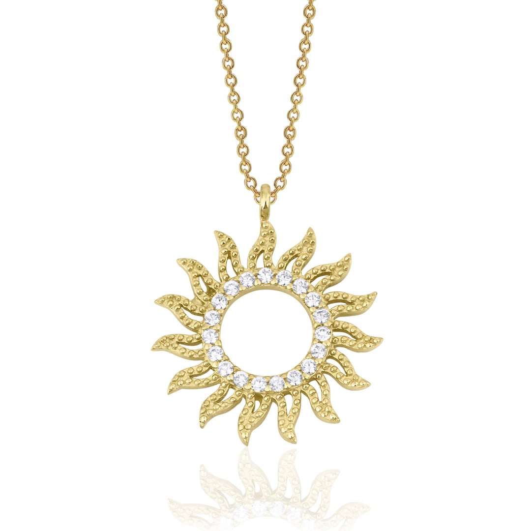 Diamond Sun Necklace, 14K Solid Gold Sunshine Necklace, Minimalist Real ...