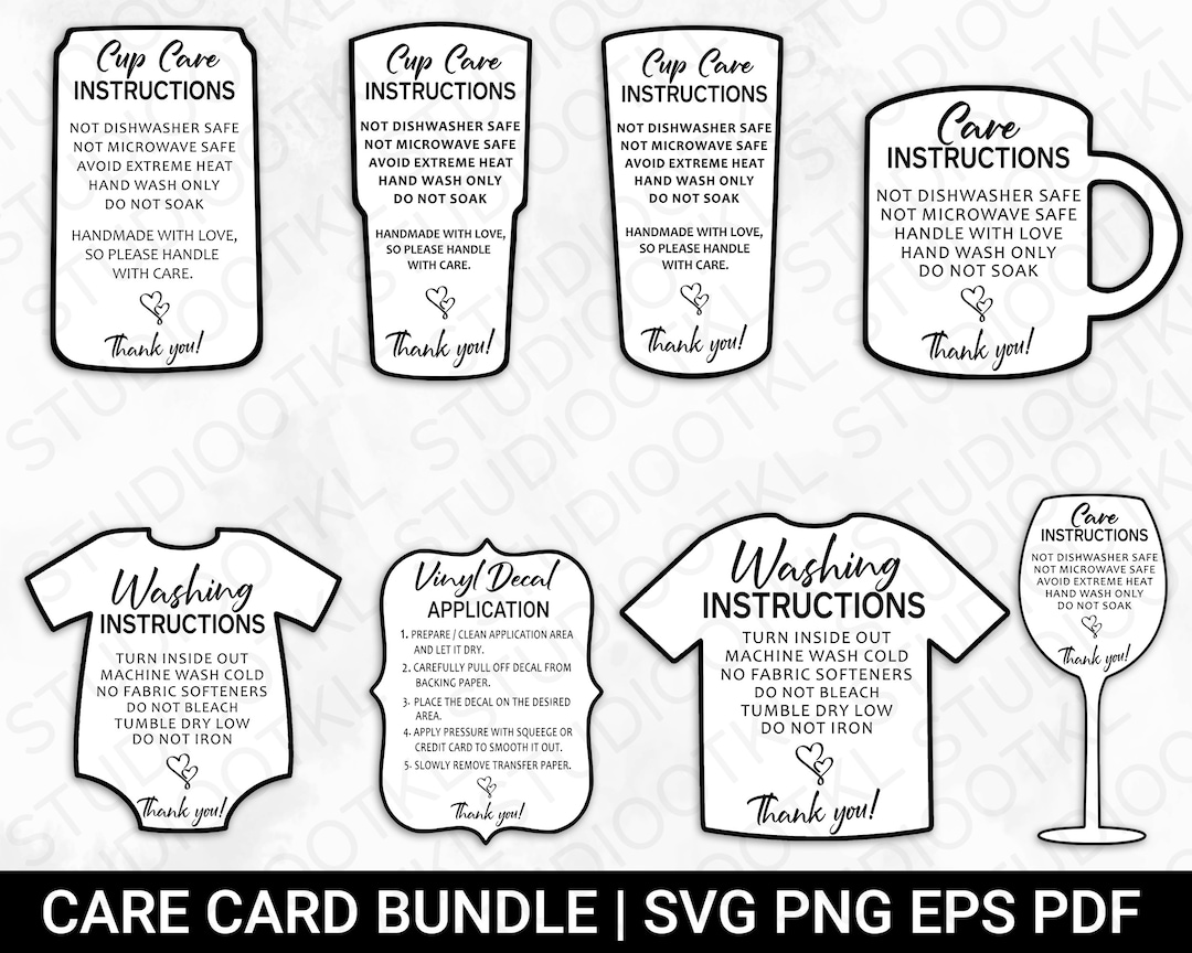 Care Card Bundle, Printable Cup Care Instructions, Vinyl Decal, Shirt ...