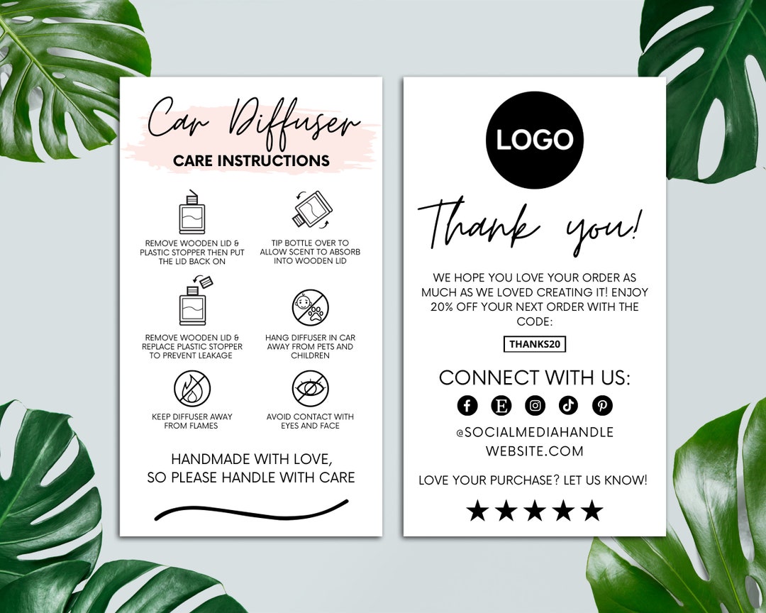 Editable Car Diffuser Care Card, Printable Thank You Card, Small ...