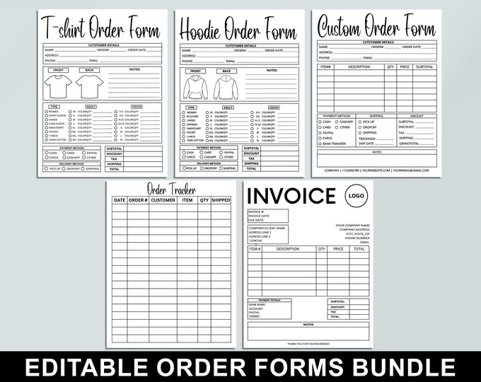 Editable Custom Order Form Bundle: T-shirt, Hat, Hoodie (printable ...