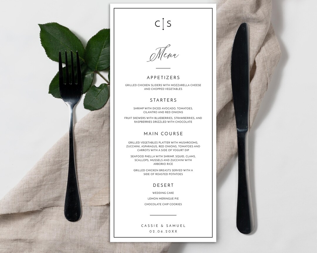 Wedding Menu Template, Editable Menu Cards, Minimalist, Modern ...