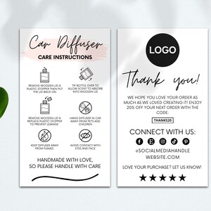 Editable Car Diffuser Care Card, Printable Thank You Card, Small ...