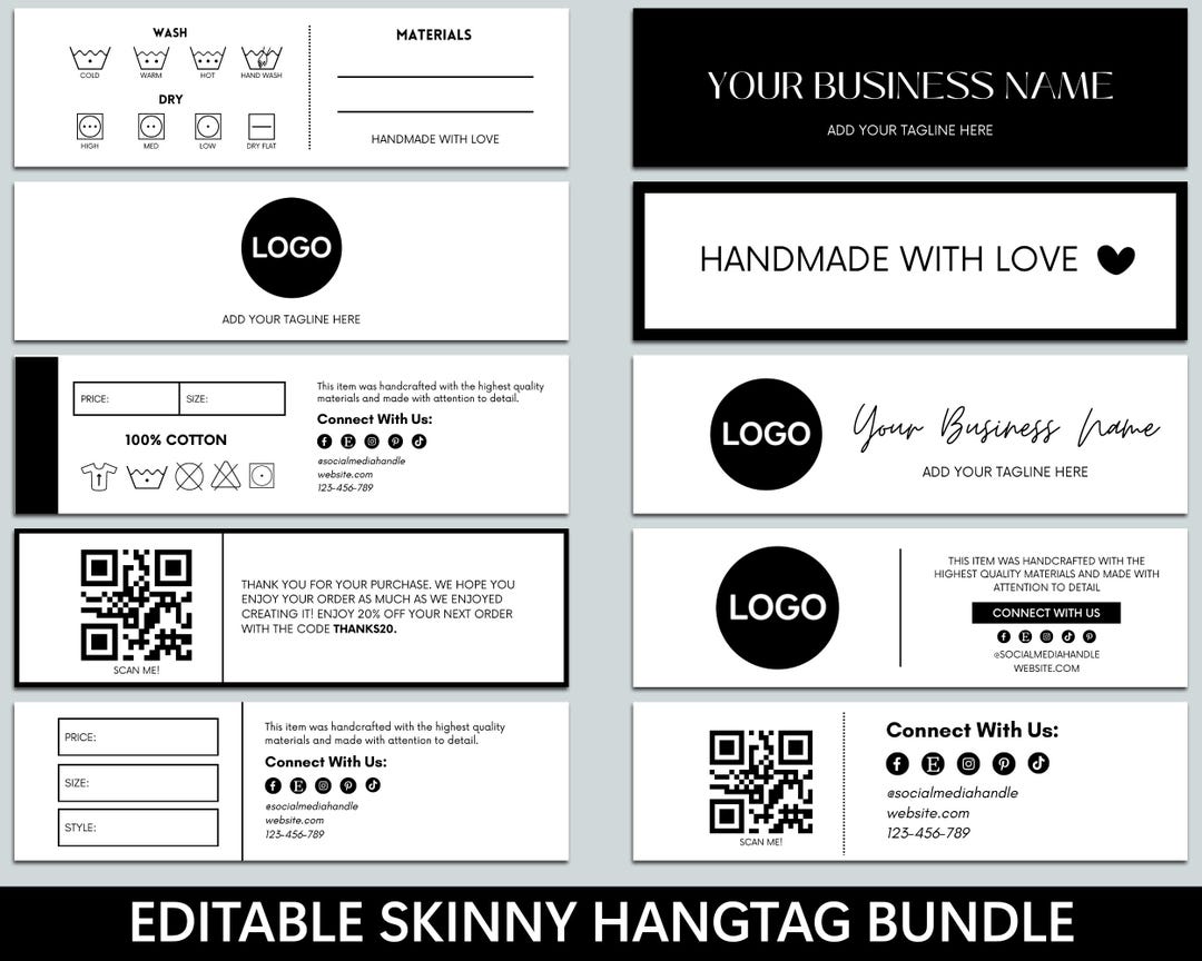Editable Skinny Hang Tags Bundle, Washing Instructions, Business Price ...