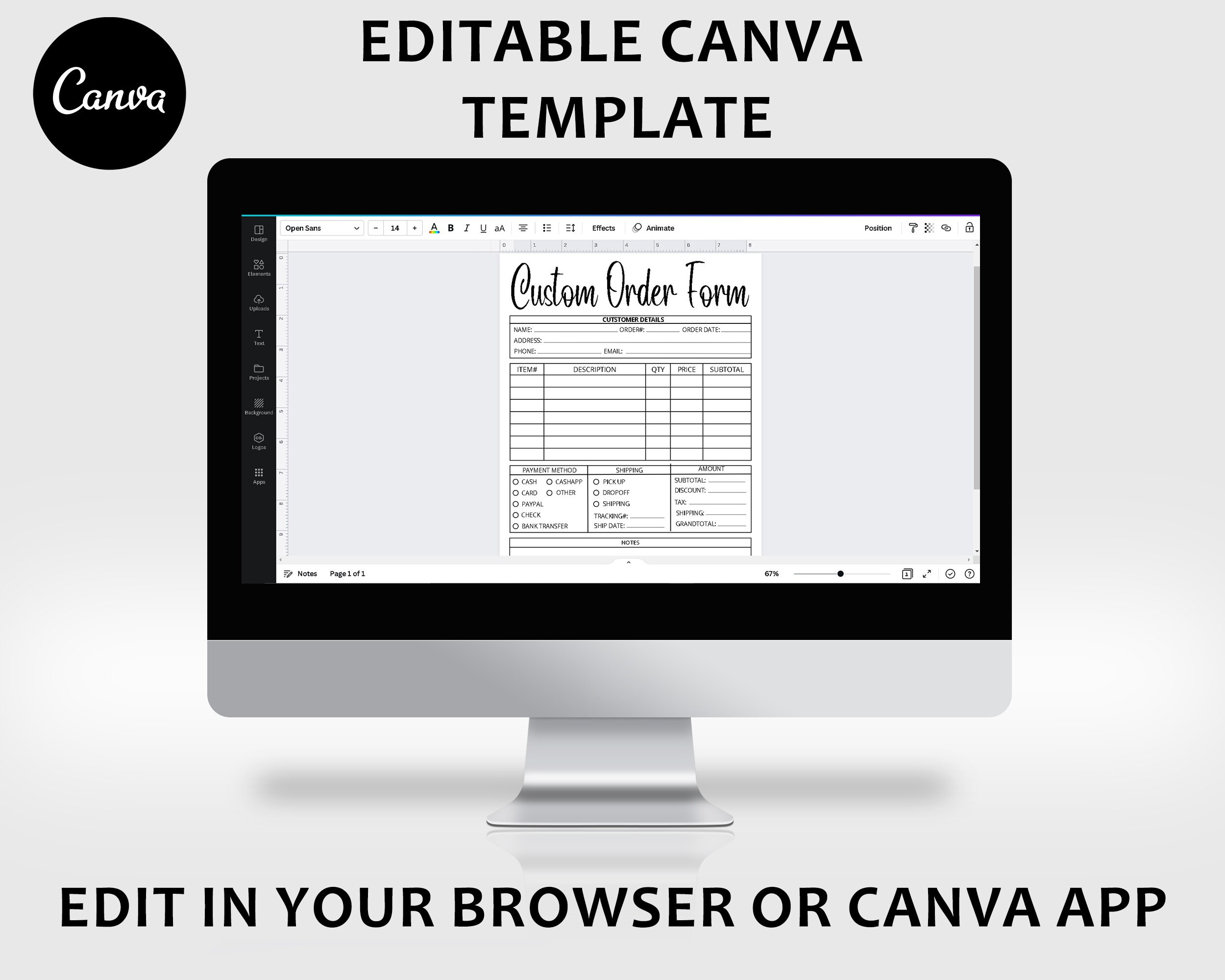 Editable Order Form Template, Purchase Order Form, Small Business Forms ...