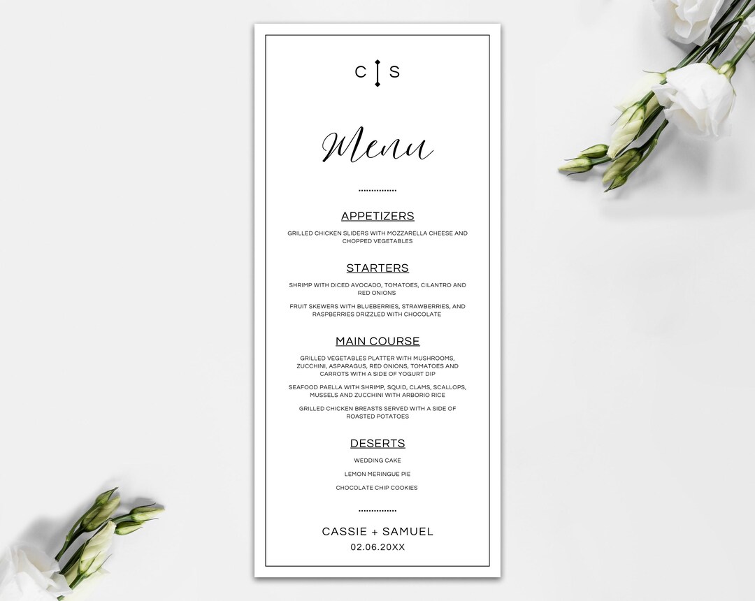 Wedding Menu Template, Editable Canva Template, Printable, Modern ...