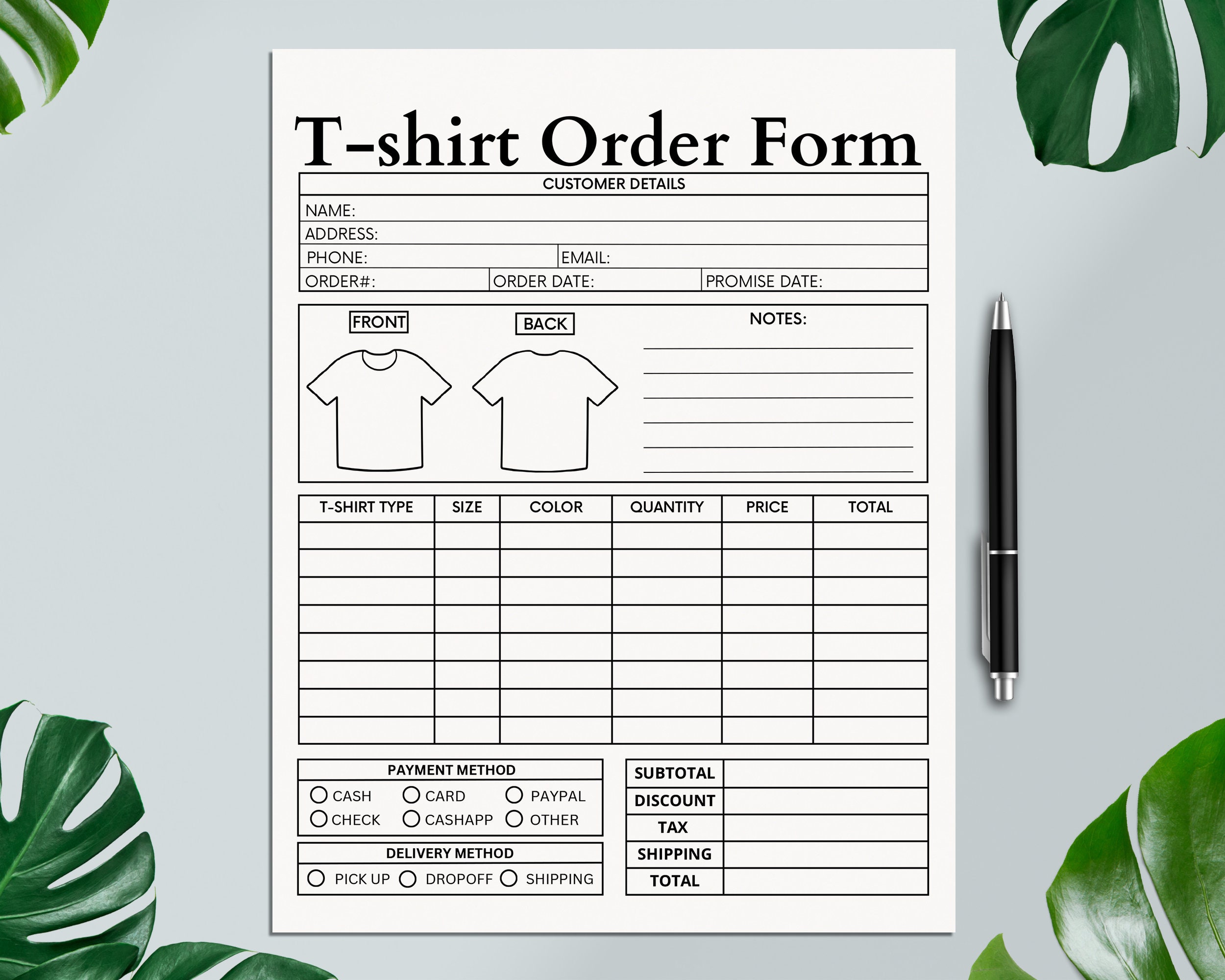 Editable T-shirt Order Form Template, Small Business Forms, Purchase ...
