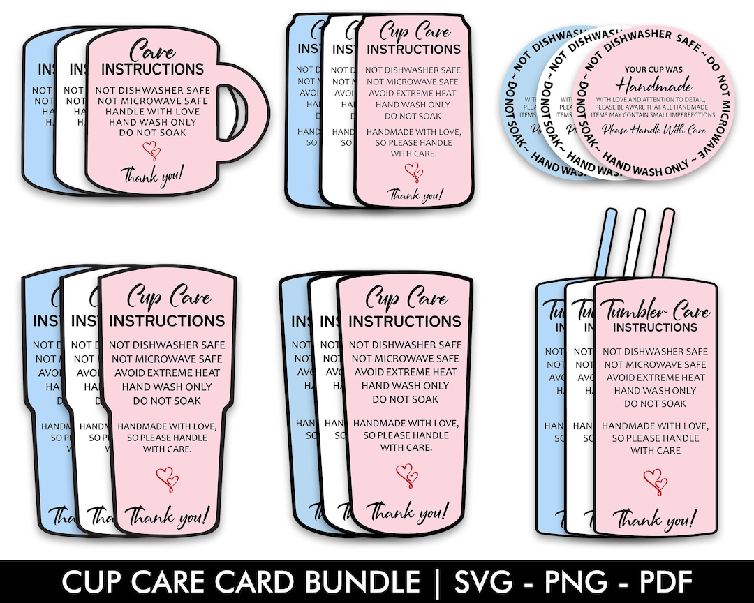 Cup Care Card Bundle, Printable Cup Care Instructions, Skinny Tumbler ...