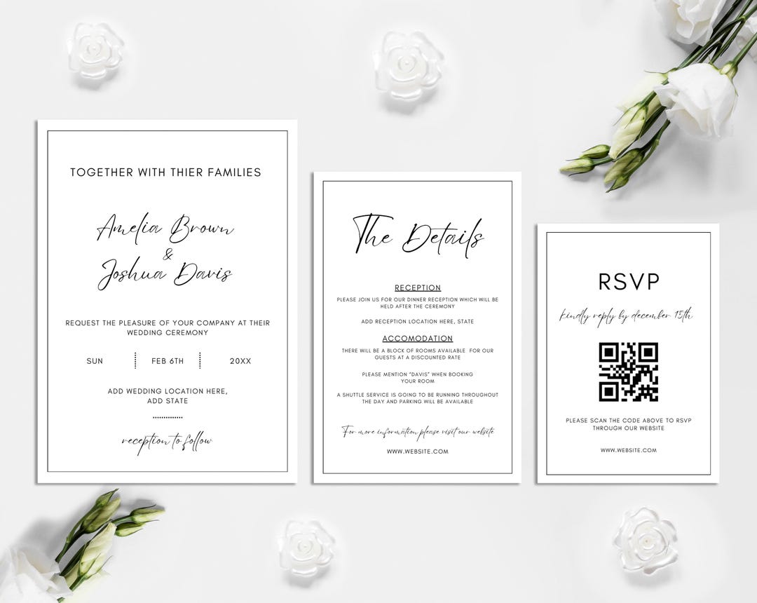 Wedding Invitation Template Set, QR Code RSVP, Editable Wedding Invite ...