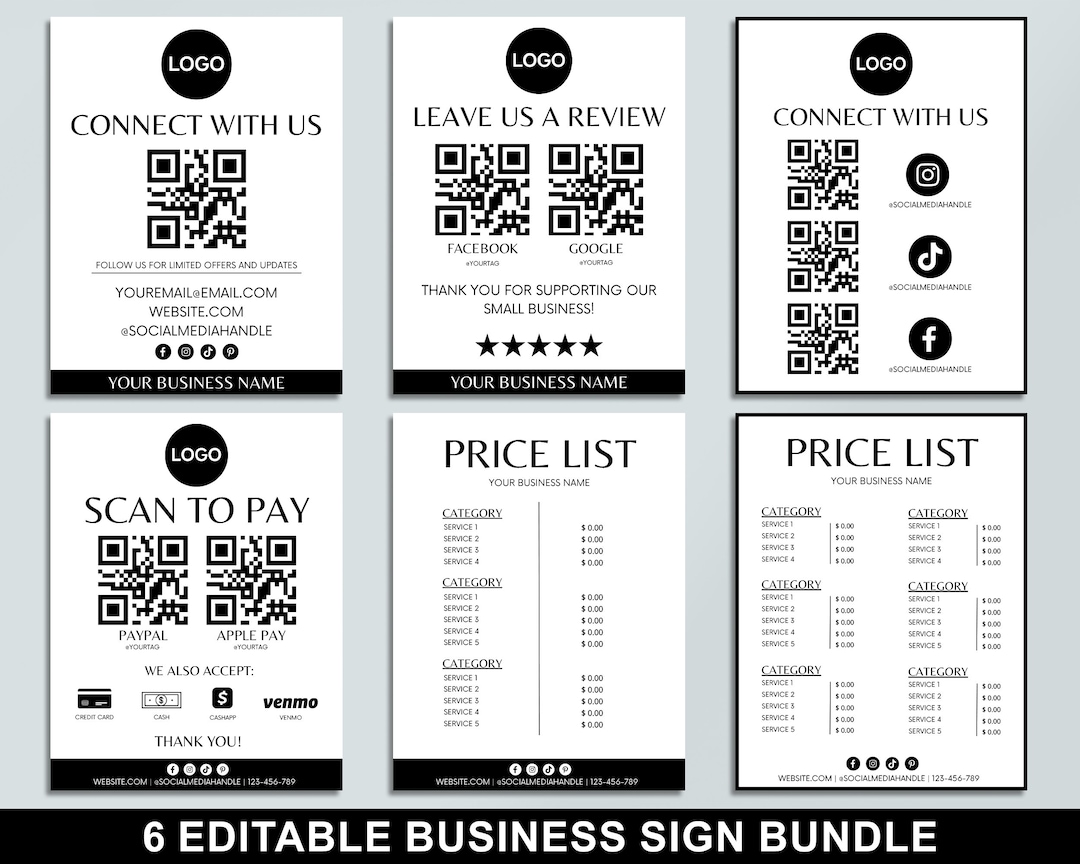 Editable Small Business Sign Bundle, Price List, Scan to Pay, Printable ...