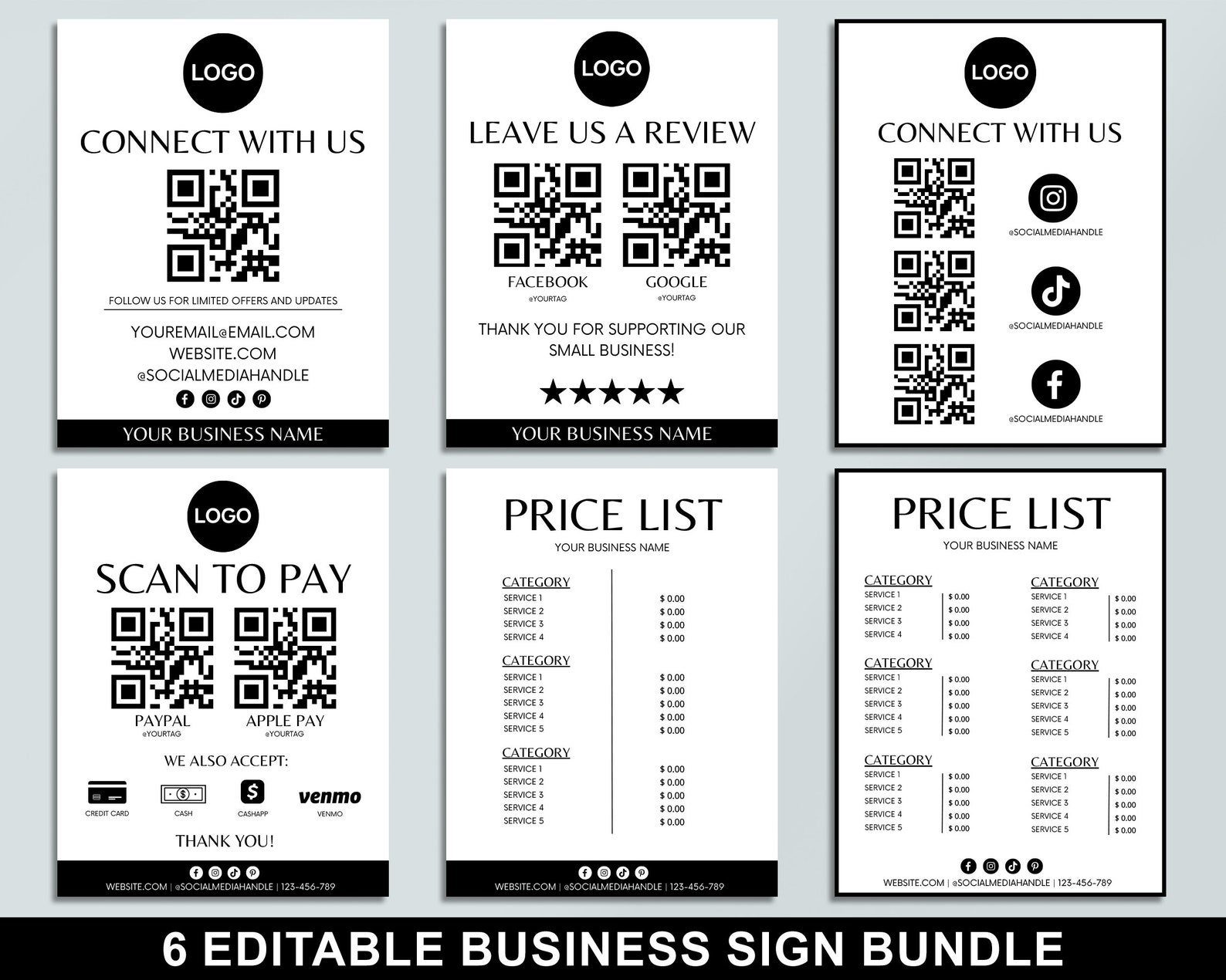 Editable Small Business Sign Bundle, Price List, Scan to Pay, Printable ...