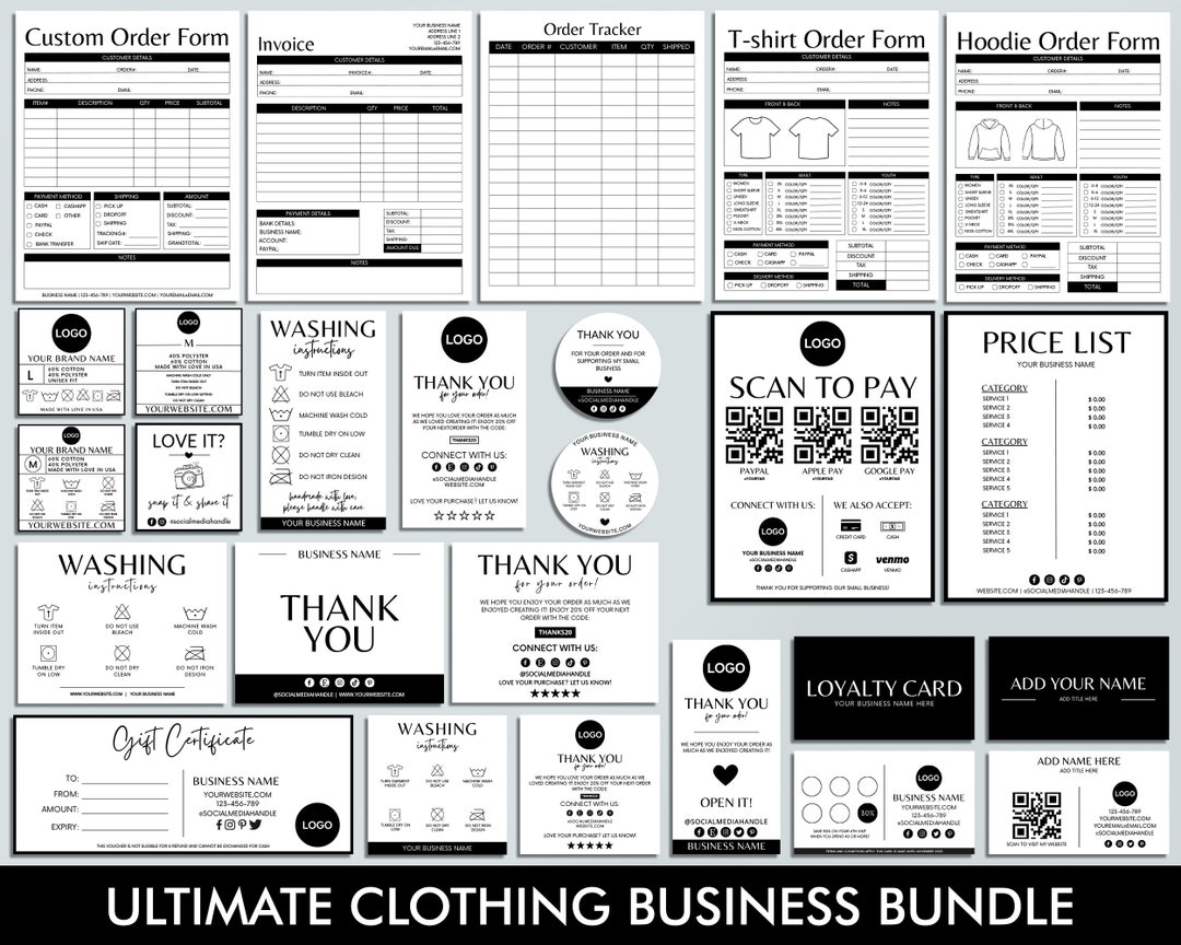 Editable Clothing Business Bundle, Tshirt Order Form, Invoice, Washing ...