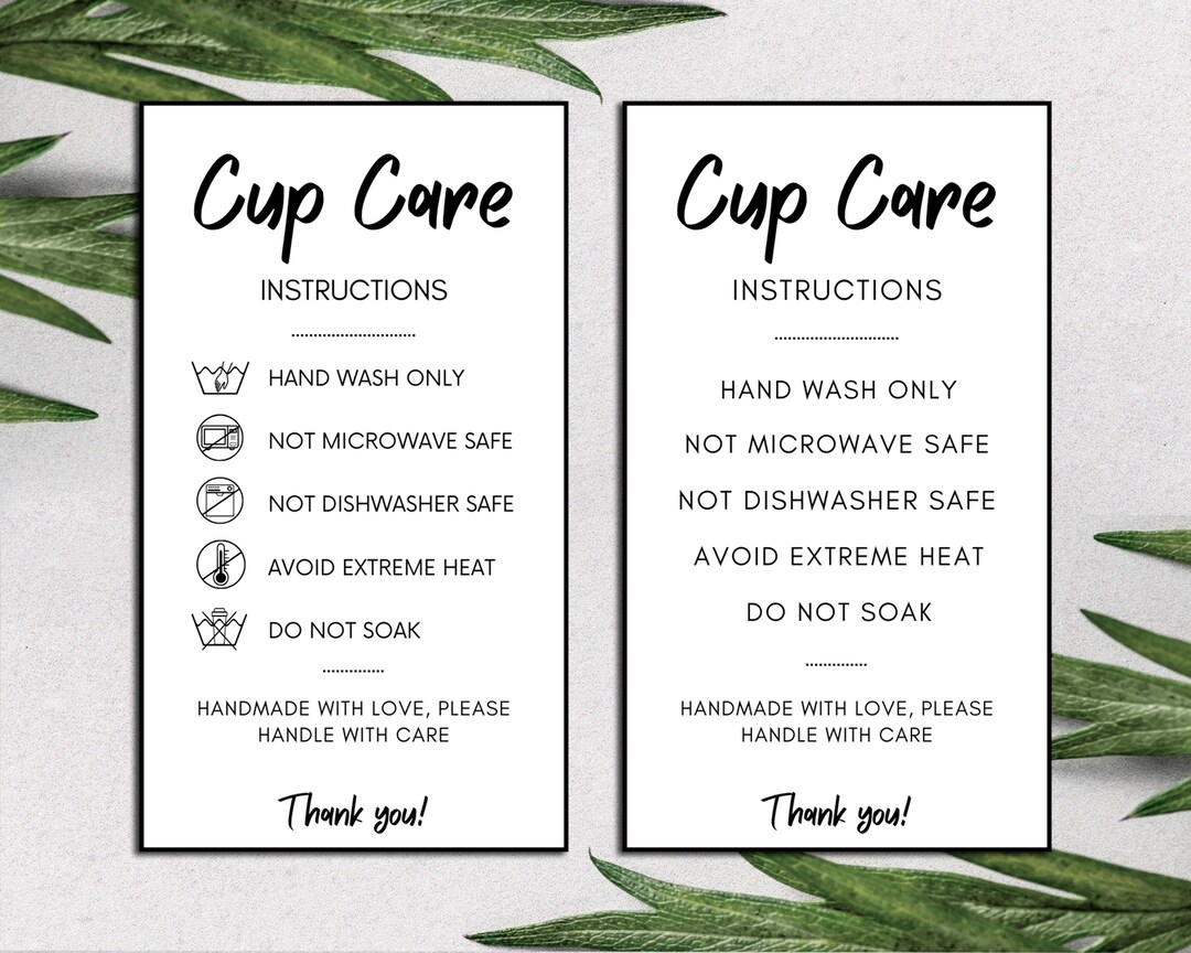Printable Cup Care Card, Tumbler Care Card, Small Business Packaging ...