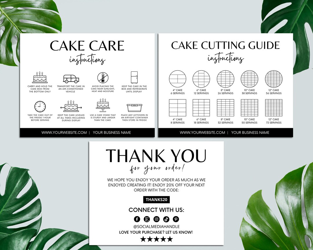 Editable Cake Care Card, Cake Cutting Guide, Care Instructions ...