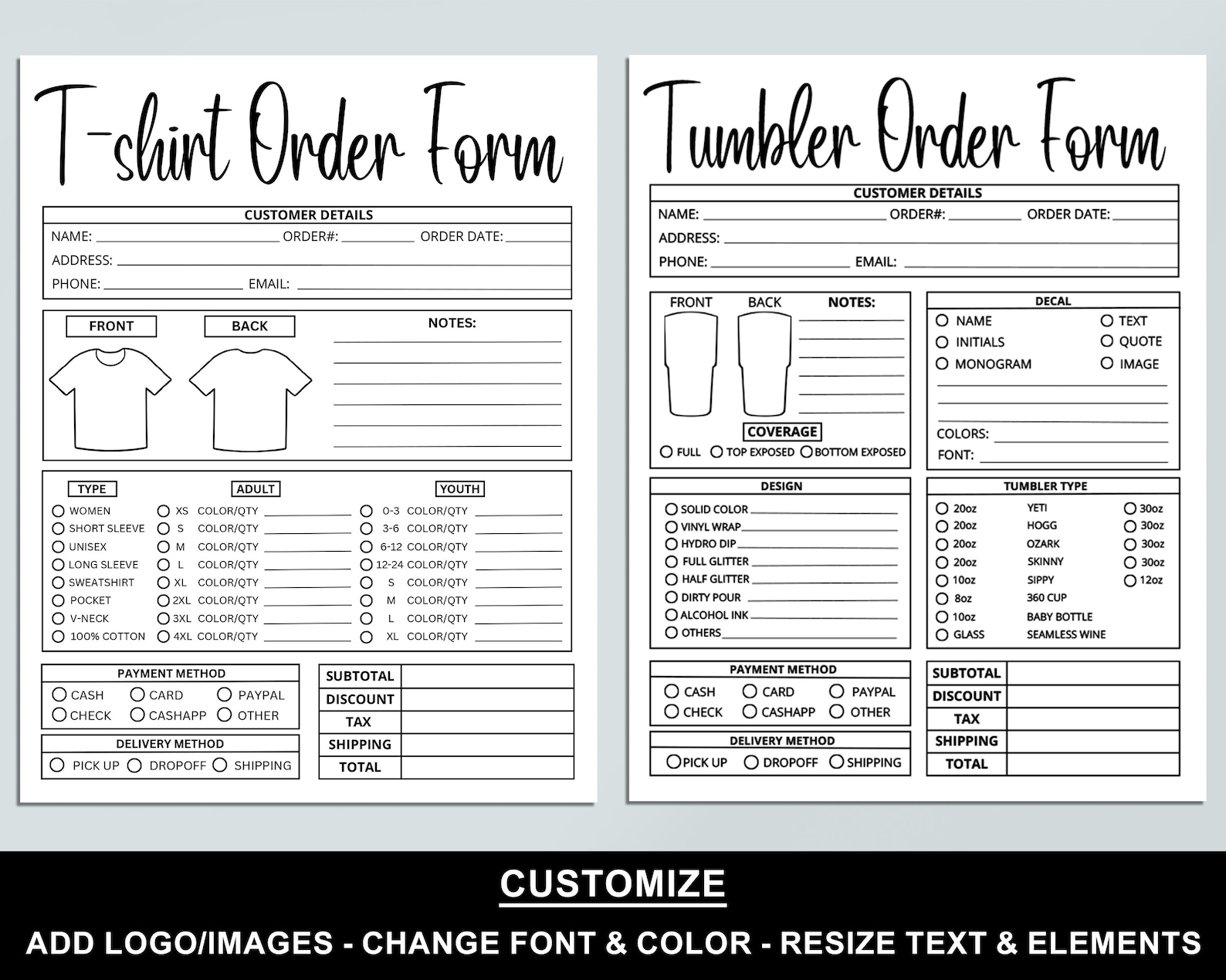 Editable Order Forms Bundle, Tshirt, Tumbler, Invoice Template ...