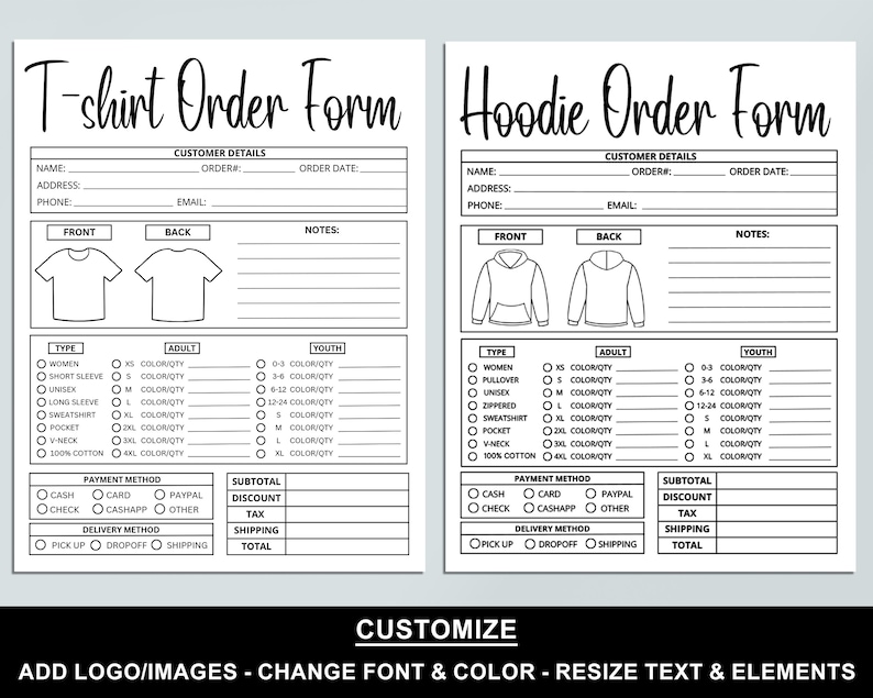Editable Order Forms Bundle, Tshirt, Hoodie, Invoice Template, Editable ...