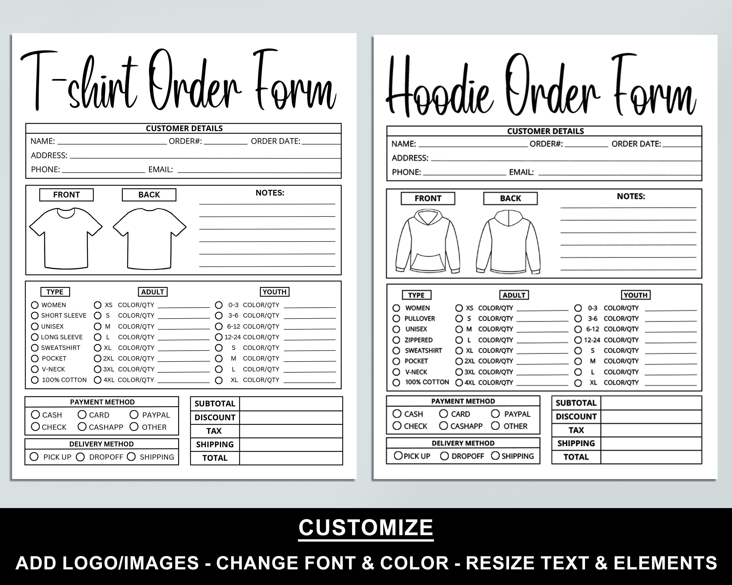 Editable Order Forms Bundle, Tshirt, Hoodie, Invoice Template, Editable ...
