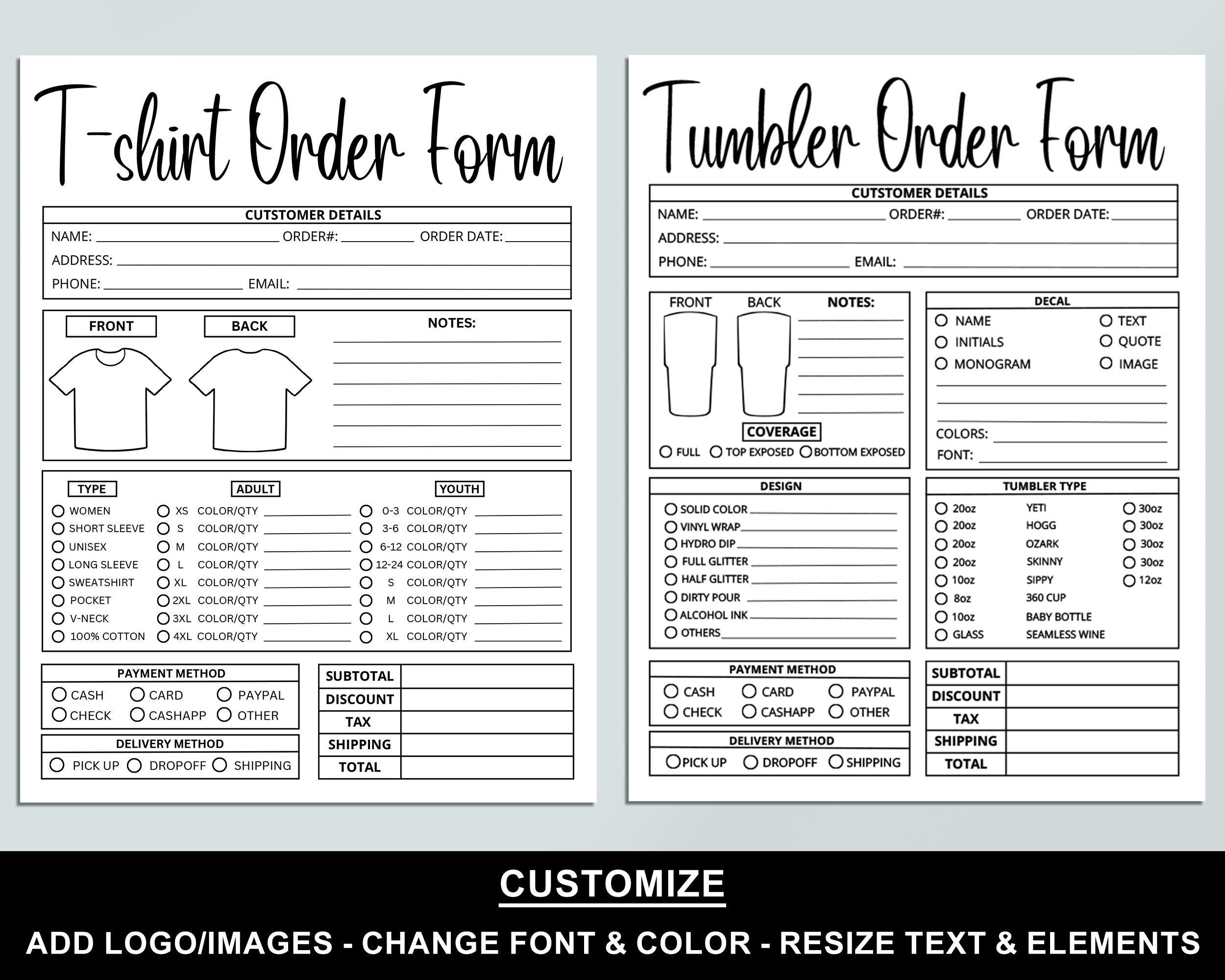 Editable Order Forms Bundle Tshirt Tumbler Invoice - Etsy UK