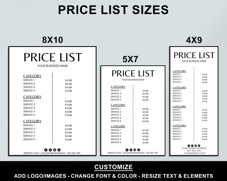 Price List Template, Editable Pricing Sheet, Printable Price Guide ...