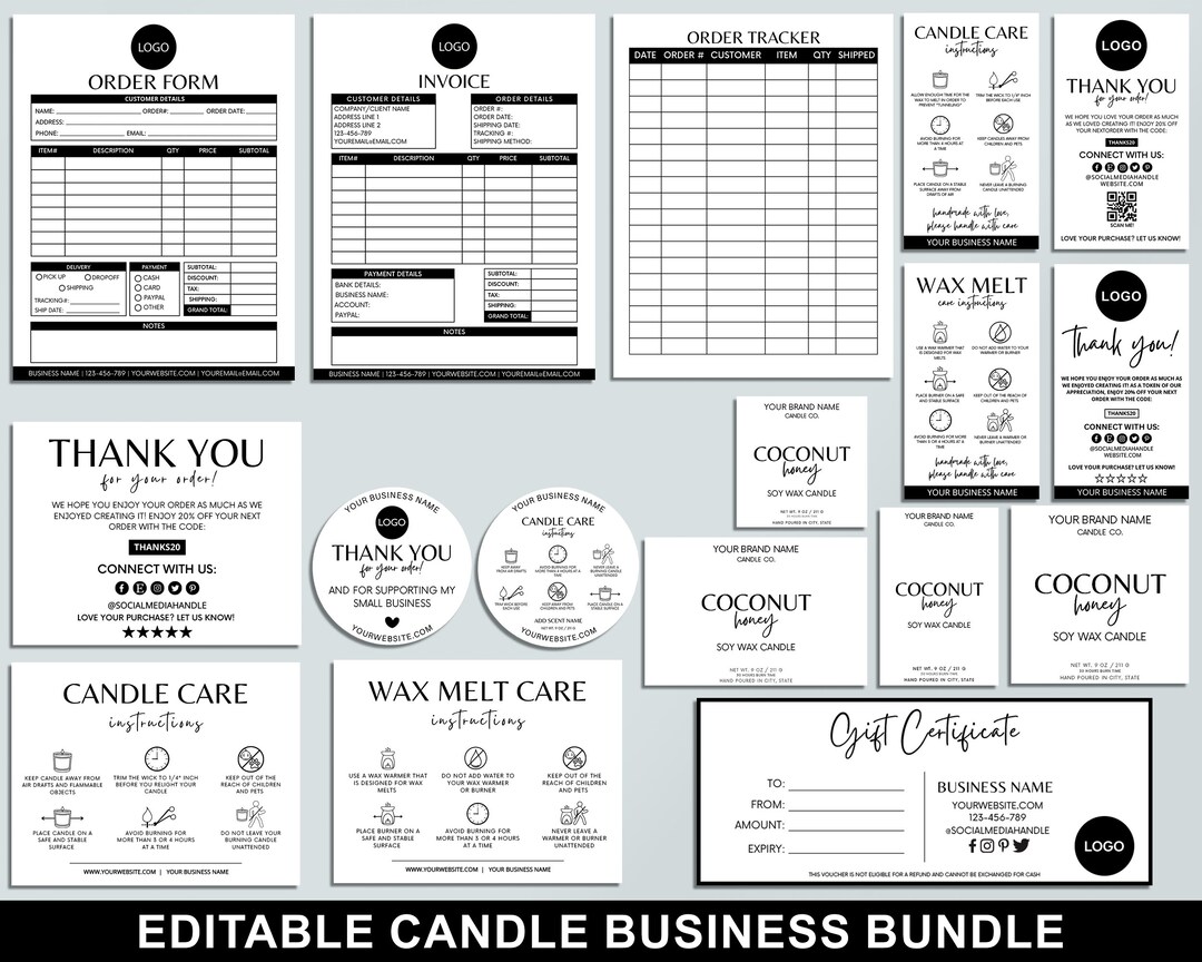 Editable Candle Business Bundle, Printable Care Instructions Card ...