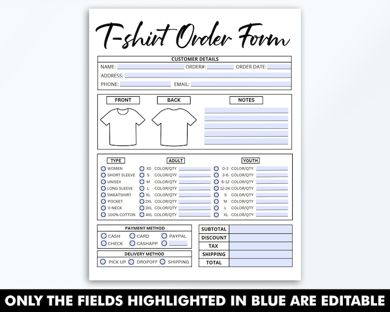 Fillable T-shirt Order Form Template, Editable Shirt Order Form, PDF ...