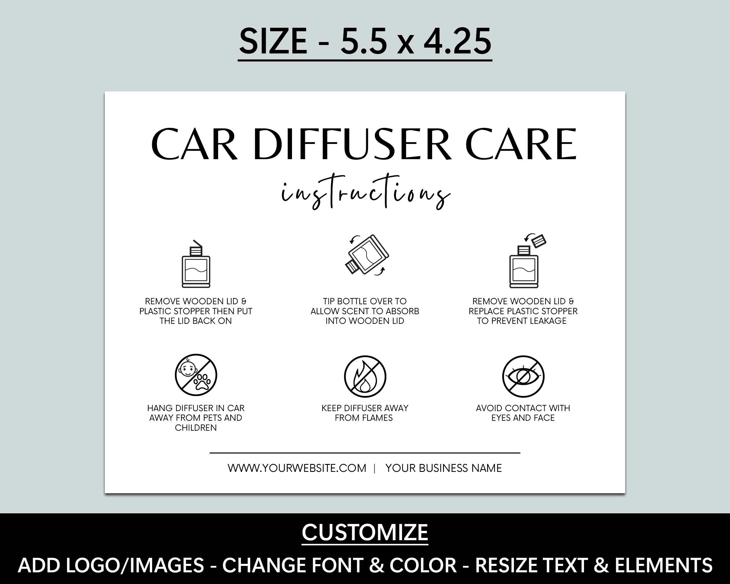 Editable Car Diffuser Care Card, Care Instructions Guide, Printable ...