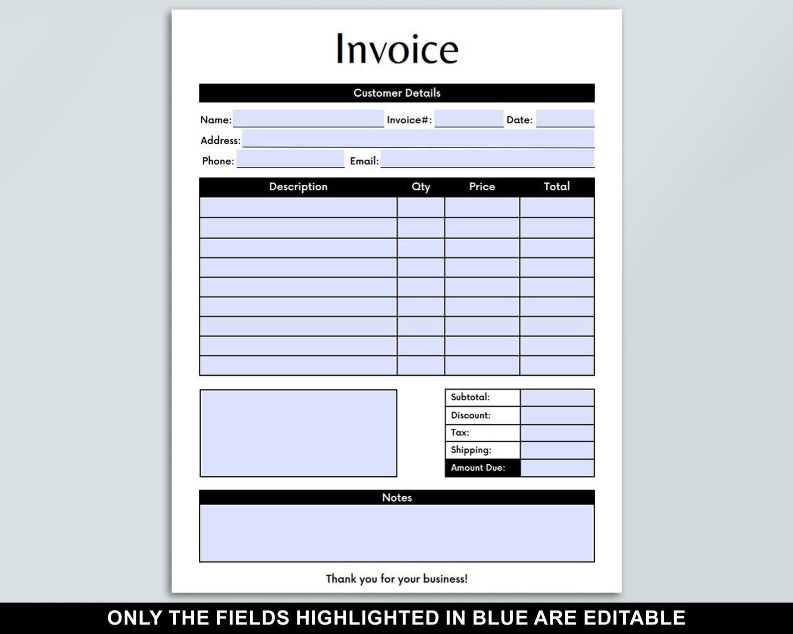 Fillable Invoice Form, Editable Invoice Template, Printable Small ...