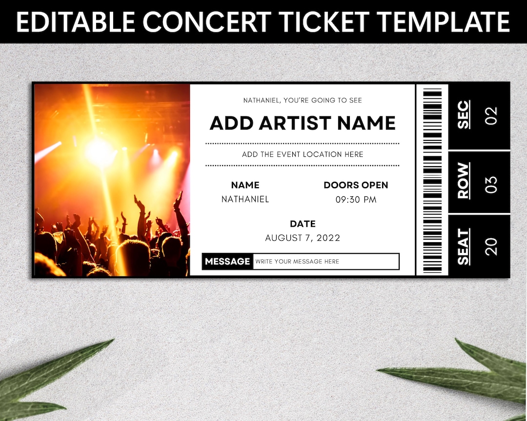 Editable Concert Ticket Template, Printable Concert Ticket Gift Idea ...
