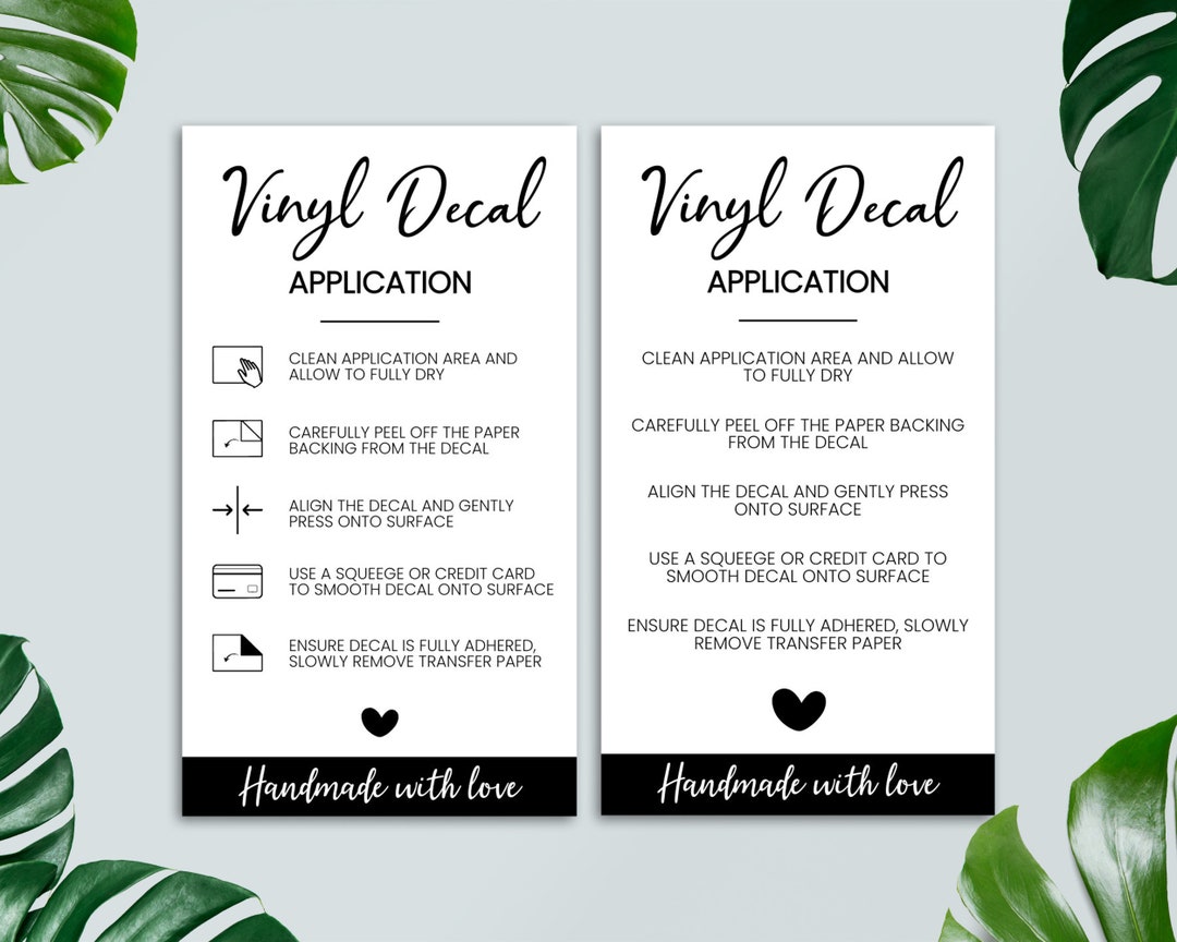 Printable Vinyl Decal Application Card, Care Instructions, Small Business Supplies, Packaging ...