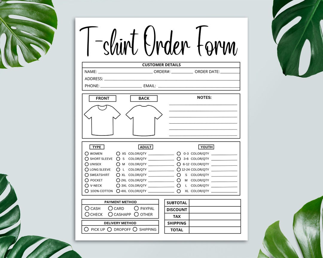 Editable T-shirt Order Form, Printable Small Business Form, Custom ...