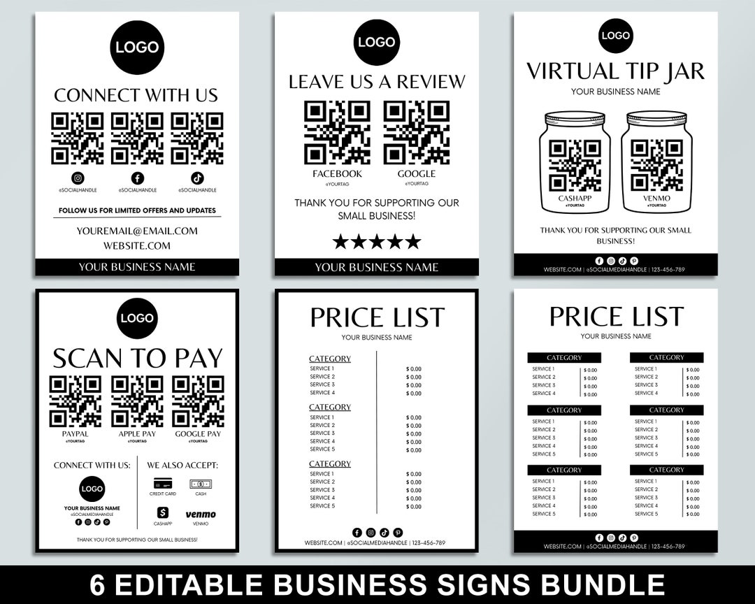 Editable Small Business Sign Bundle, Price List, Printable Scan to Pay ...
