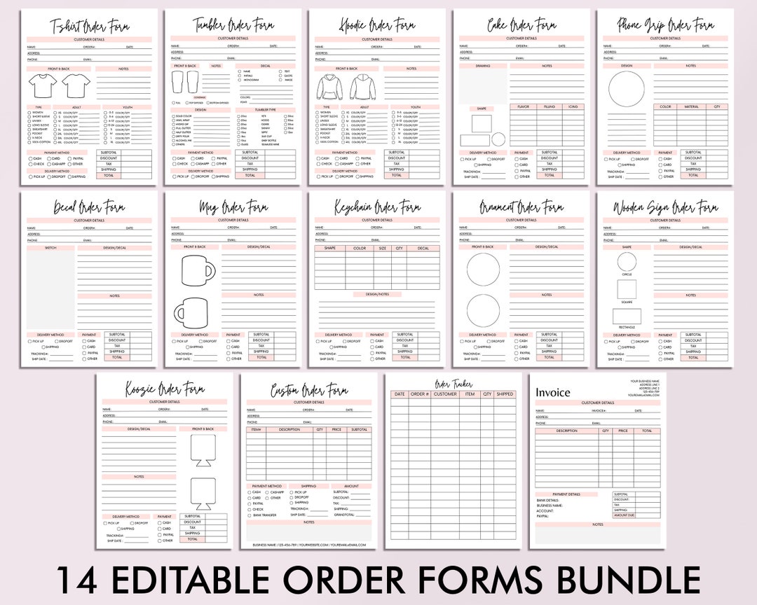 Editable Order Forms Bundle, Tshirt Order Form, Tumbler, Hoodie ...